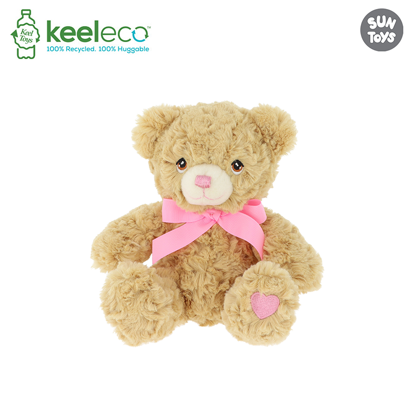 Keel Toys 18cm Keeleco Bramble Bear with Pink Heart & Ribbon – Suntoys